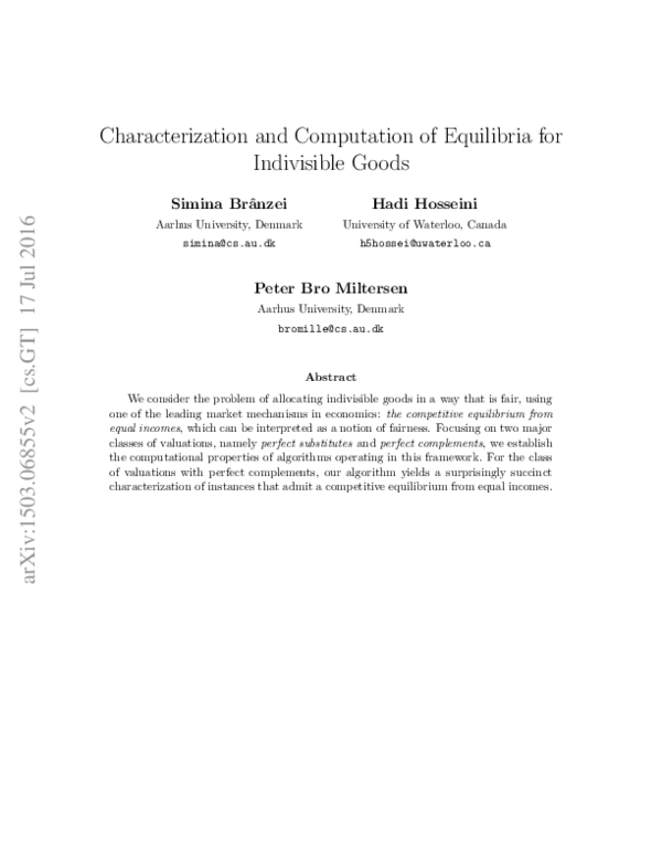(PDF) Characterization and Computation of Equilibria for Indivisible Goods