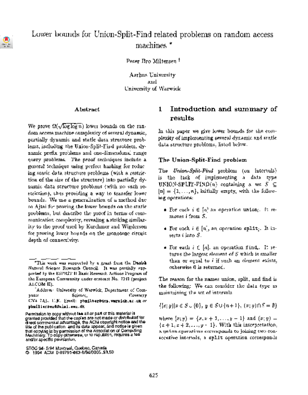 (PDF) Lower bounds for union-split-find related problems on random access machines