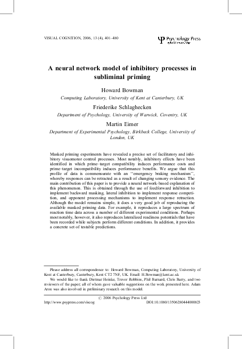 (PDF) A neural network model of inhibitory processes in subliminal priming