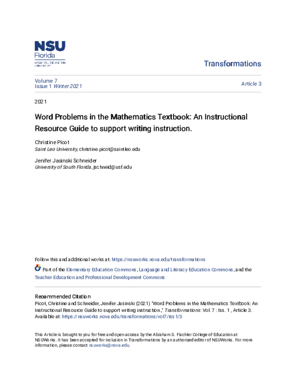 (PDF) Word Problems in the Mathematics Textbook: An Instructional ...