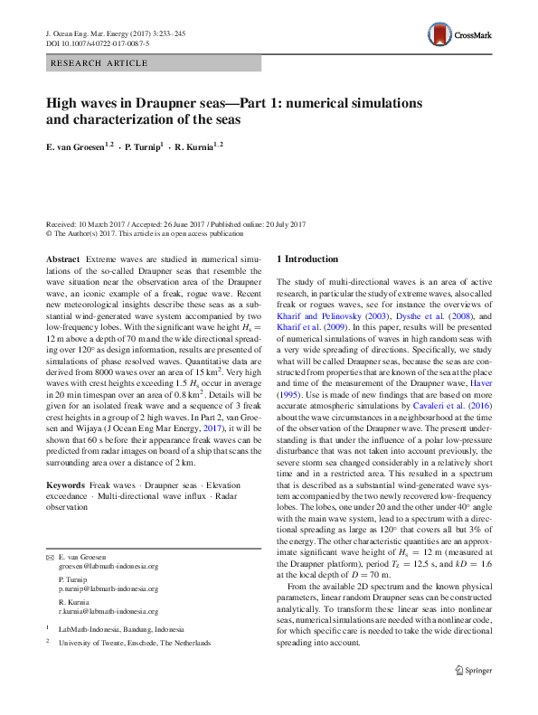 (PDF) High waves in Draupner seas—Part 1: numerical simulations and characterization of the seas