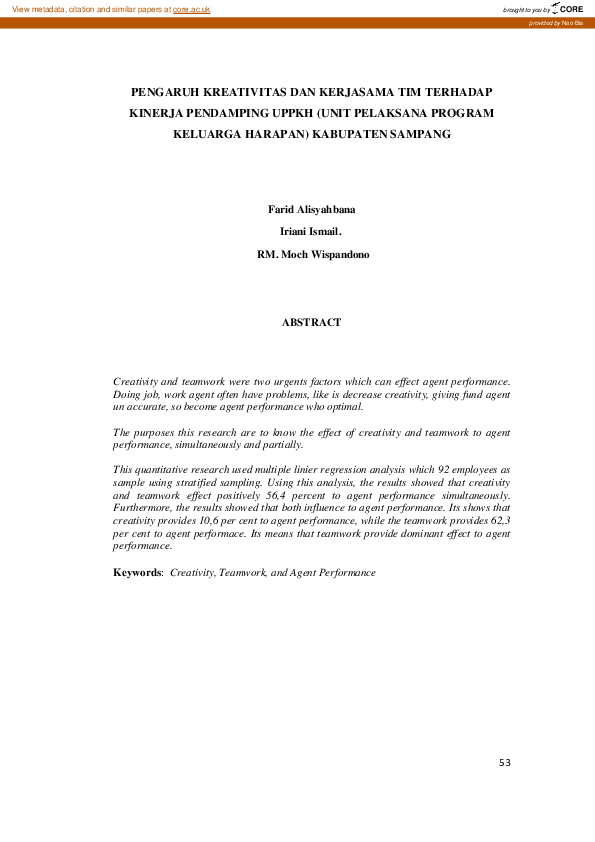 (PDF) Pengaruh Kreativitas Dan Kerjasama Tim Terhadap Kinerja Pendamping Uppkh (Unit Pelaksana ...