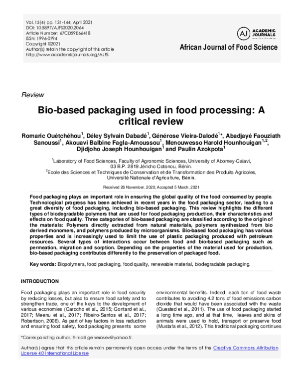 Pdf Bio Based Packaging Used In Food Processing A Critical Review