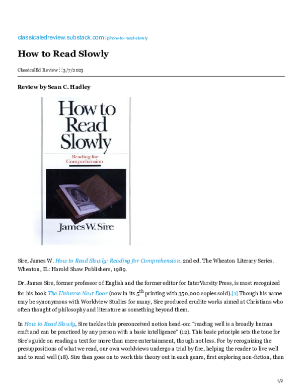 (PDF) How to Read Slowly, Review by Sean C. Hadley