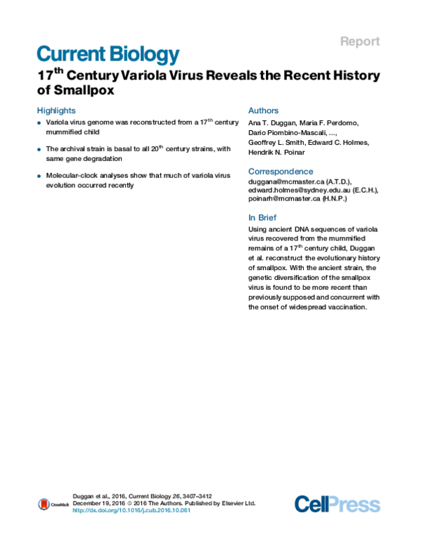 (PDF) 17th Century Variola Virus Reveals the Recent History of Smallpox