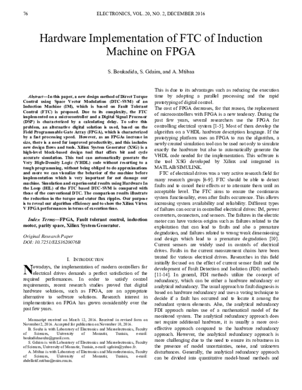 (PDF) Hardware Implementation of FTC of Induction Machine on FPGA