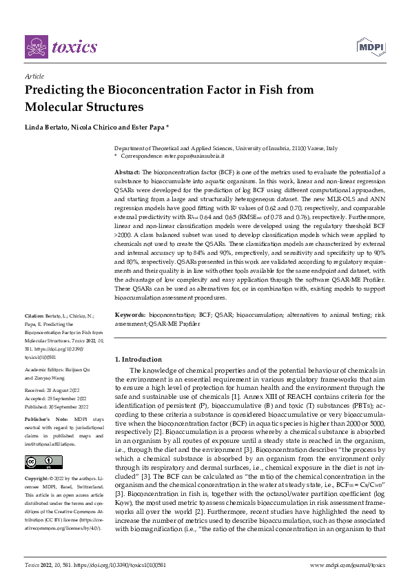 (PDF) Predicting the Bioconcentration Factor in Fish from Molecular ...