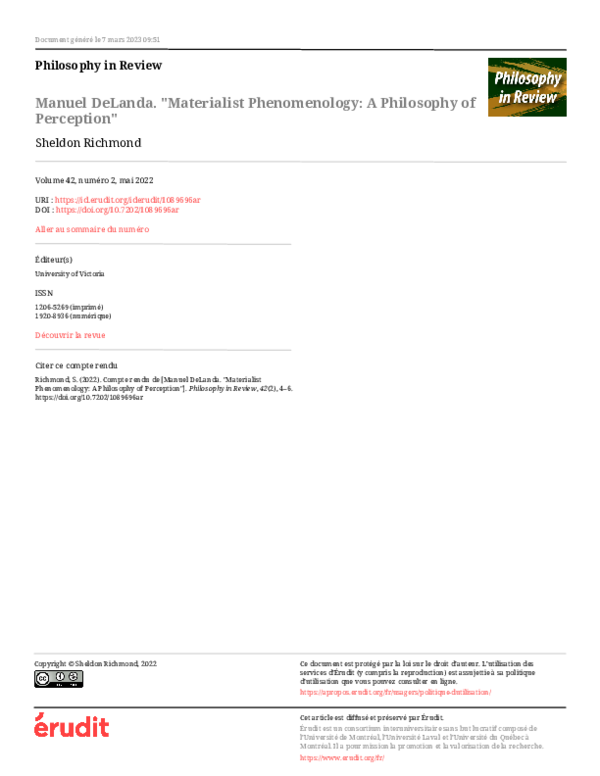 (PDF) Manuel DeLanda. "Materialist Phenomenology: A Philosophy of ...