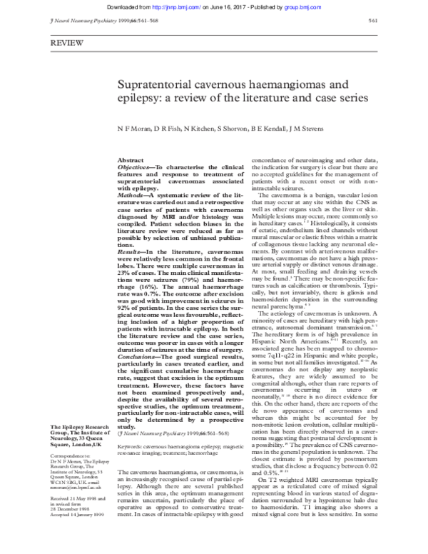 (PDF) Supratentorial cavernous haemangiomas and epilepsy: a review of ...