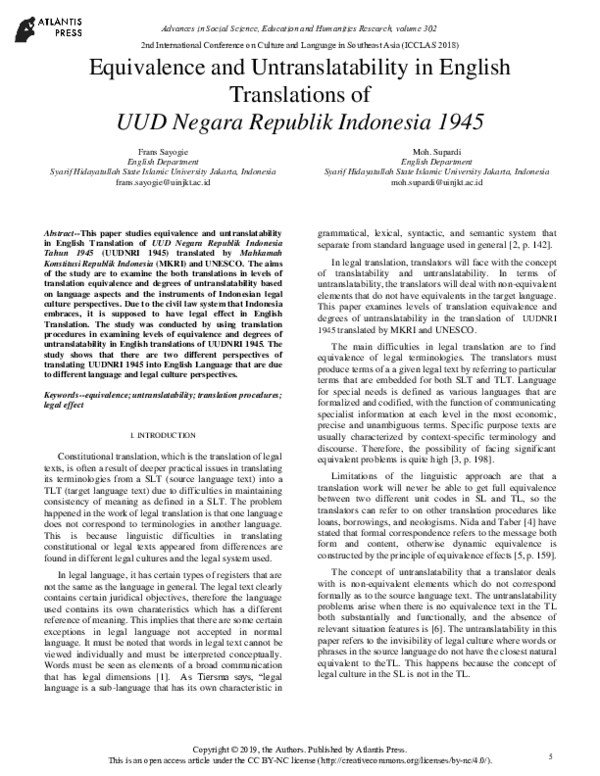 (PDF) Equivalence and Untranslatability in English Translations of UUD ...