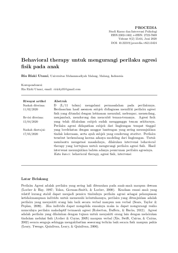(PDF) Behavioral therapy untuk mengurangi perilaku agresi fisik pada anak
