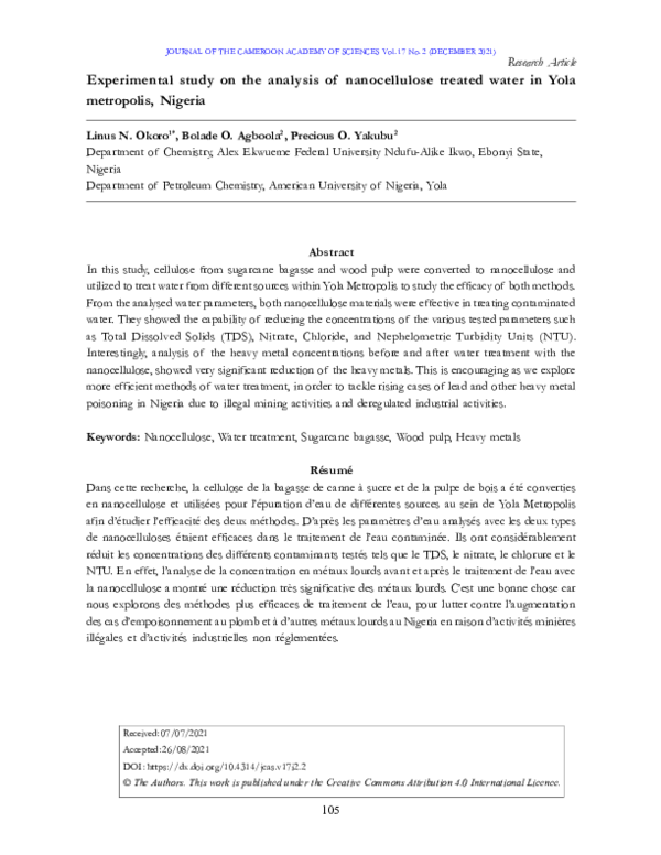 (PDF) Experimental study on the analysis of nanocellulose treated water ...