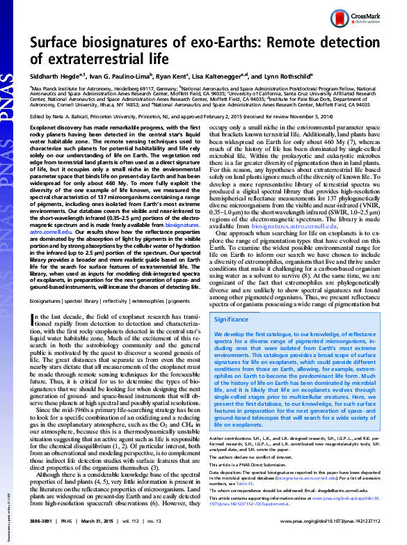 (PDF) Surface biosignatures of exo-Earths: Remote detection of ...