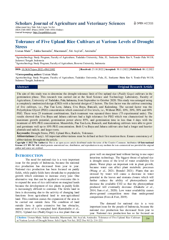(PDF) Tolerance of Five Upland Rice Cultivars at Various Levels of ...