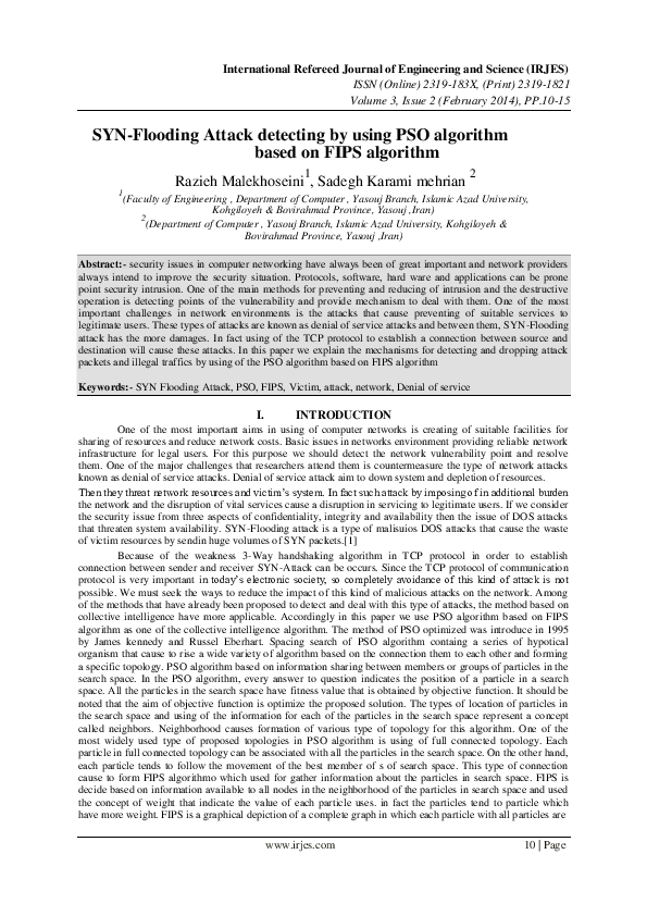Pdf Syn Flooding Attack Detecting By Using Pso Algorithm Based On Fips Algorithm