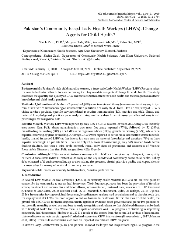(PDF) Pakistan’s Community-based Lady Health Workers (LHWs): Change ...