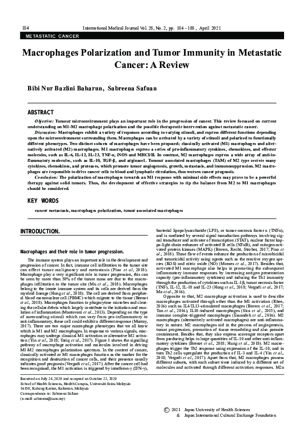 (PDF) METASTATIC CANCER Macrophages Polarization and Tumor Immunity in Metastatic Cancer : A Review