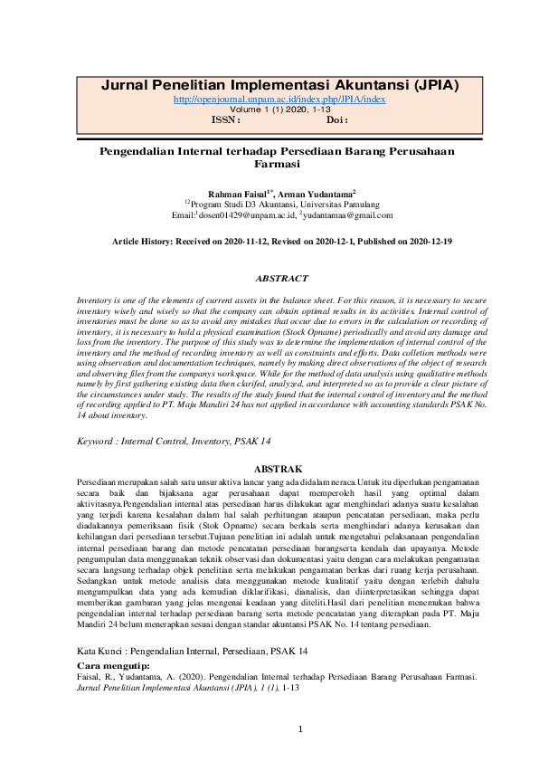 (PDF) Pengendalian Internal terhadap Persediaan Barang Perusahaan Farmasi