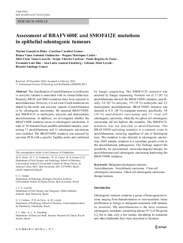 (PDF) Assessment of BRAFV600E and SMOF412E mutations in epithelial ...