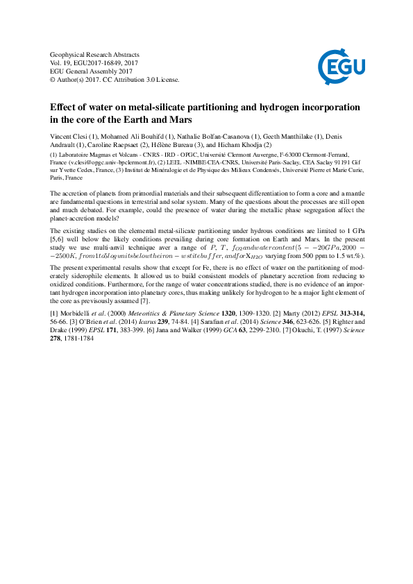 (PDF) Effect of water on metal-silicate partitioning and hydrogen ...