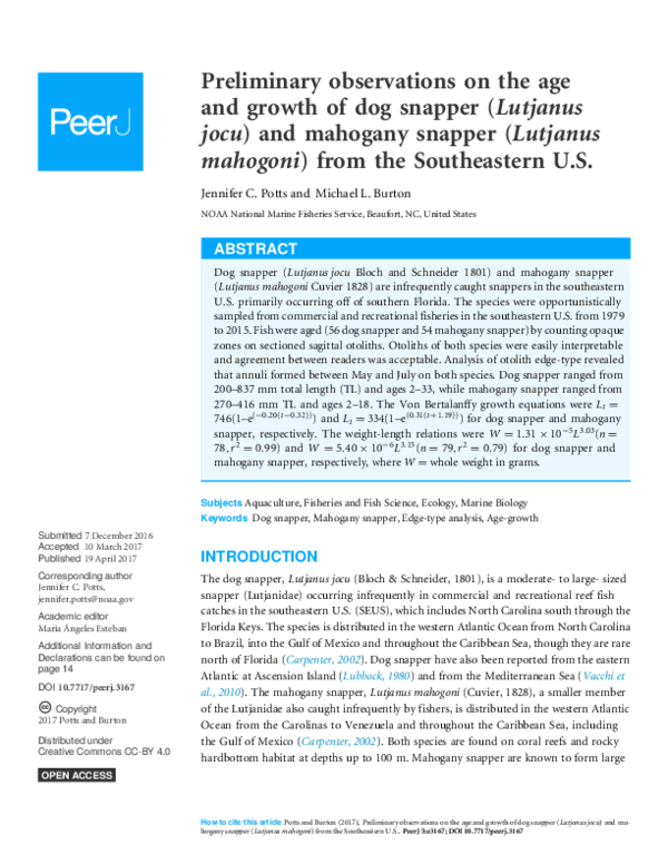 (PDF) Preliminary observations on the age and growth of dog snapper ...