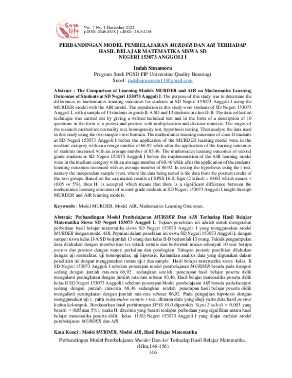 (PDF) Perbandingan Model Pembelajaran Murder Dan Air Terhadap Hasil Belajar Matematika Siswa SD ...