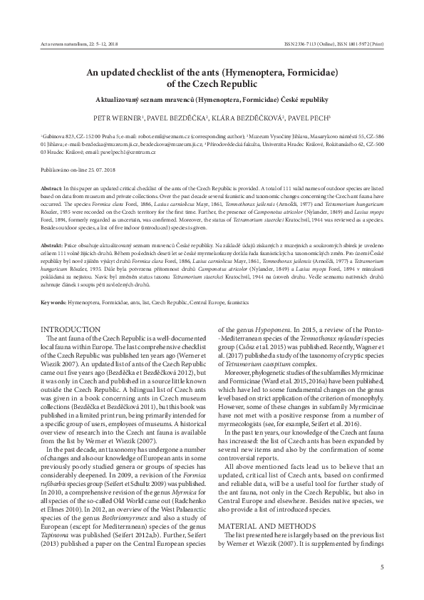 (PDF) An updated checklist of the ants (Hymenoptera, Formicidae) of the Czech Republic