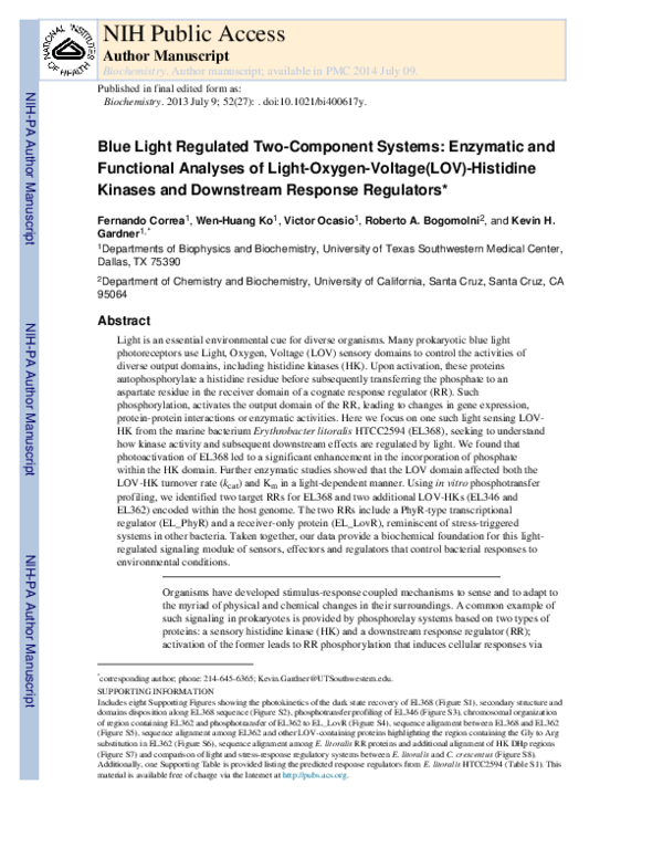 (PDF) Blue Light Regulated Two-Component Systems: Enzymatic and ...
