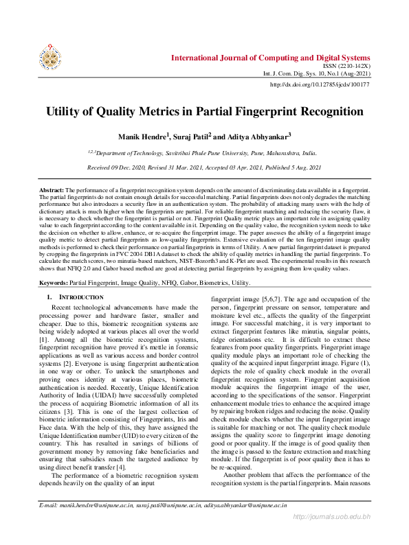 (PDF) Utility of Quality Metrics in Partial Fingerprint Recognition