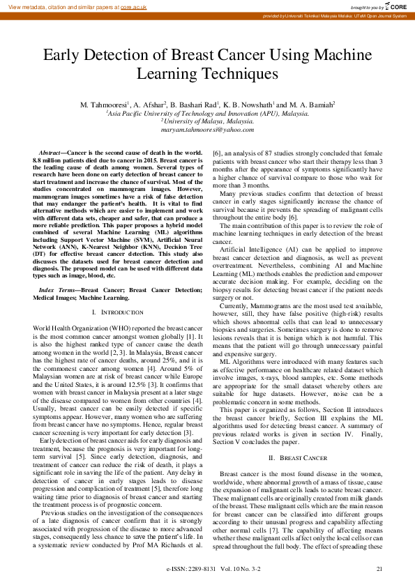 (PDF) Early Detection of Breast Cancer Using Machine Learning Techniques
