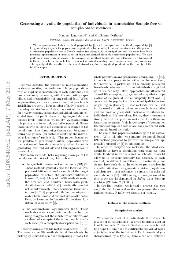Pdf Generating A Synthetic Population Of Individuals In Households