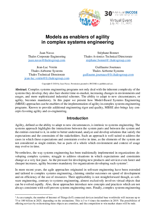 (PDF) Models as enablers of agility in complex systems engineering