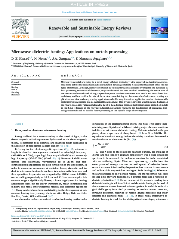 (PDF) Microwave dielectric heating: Applications on metals processing