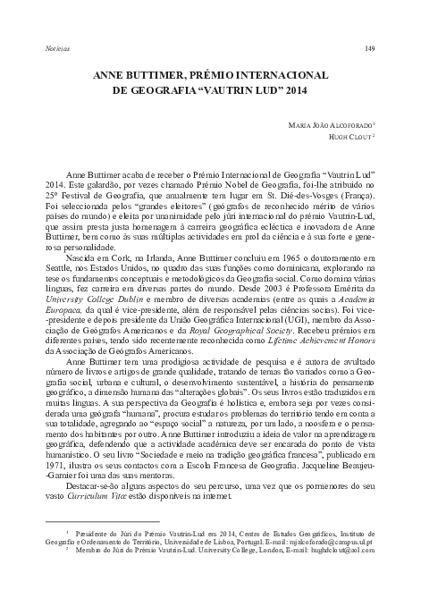 (PDF) Anne Buttimer, prémio internacional de geografia “Vautrin Lud” 2014