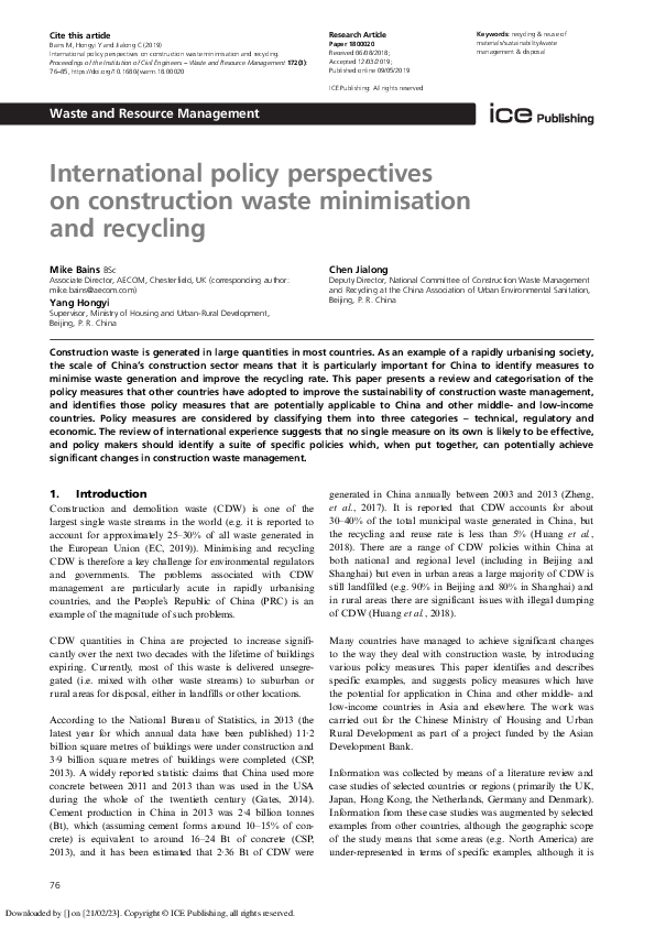 (PDF) International policy perspectives on construction waste ...