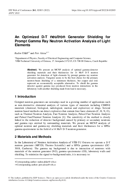 Pdf An Optimized D T Neutron Generator Shielding For Prompt Gamma Ray Neutron Activation