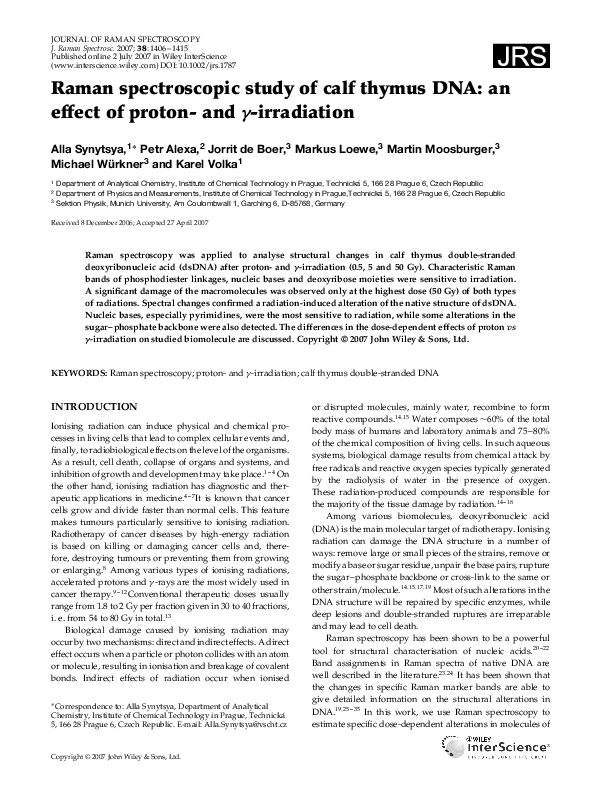 (PDF) Raman spectroscopic study of calf thymus DNA: an effect of proton ...