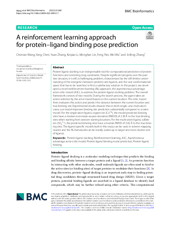 Pdf A Reinforcement Learning Approach For Protein Ligand Binding Pose