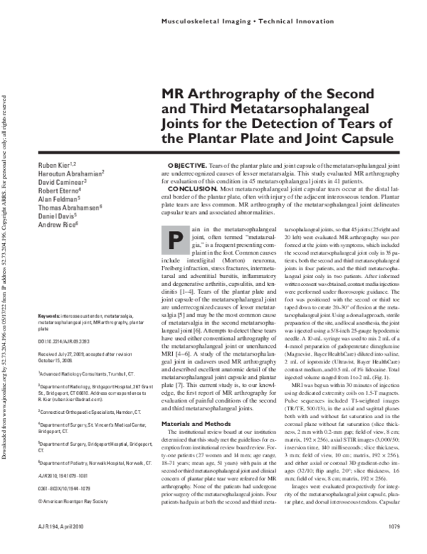 Pdf Mr Arthrography Of The Second And Third Metatarsophalangeal