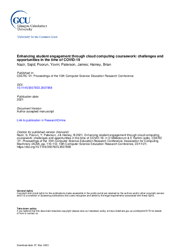 (PDF) Enhancing Student Engagement through Cloud Computing Coursework: Challenges and ...