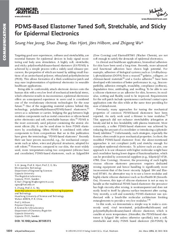 PDMS-Based Elastomer Tuned Soft, Stretchable, and Sticky for Epidermal ...