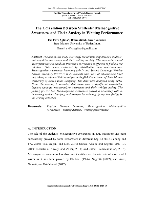 (PDF) The Correlation between Students’ Metacognitive Awareness and Their Anxiety in Writing ...