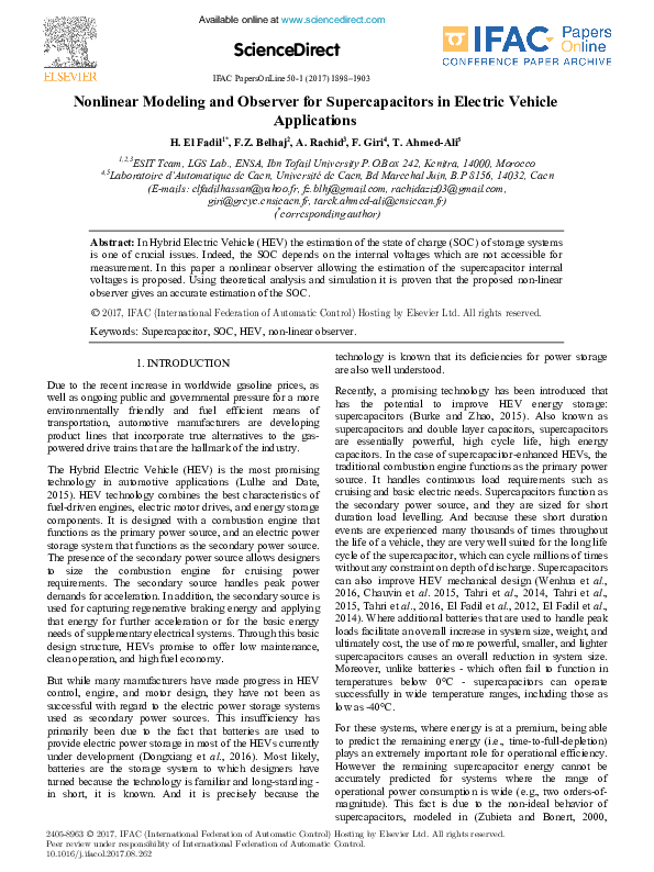 Pdf Nonlinear Modeling And Observer For Supercapacitors In Electric Vehicle Applications