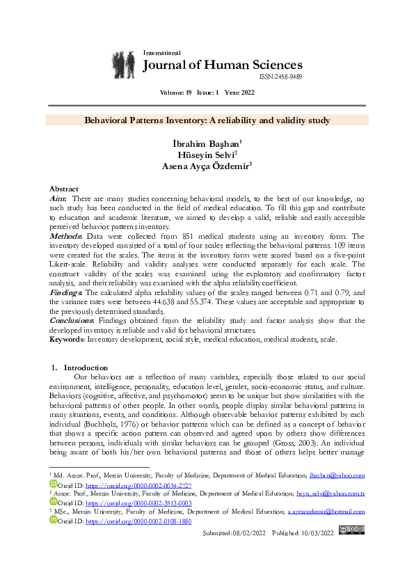 (PDF) Behavioral Patterns Inventory: A reliability and validity study