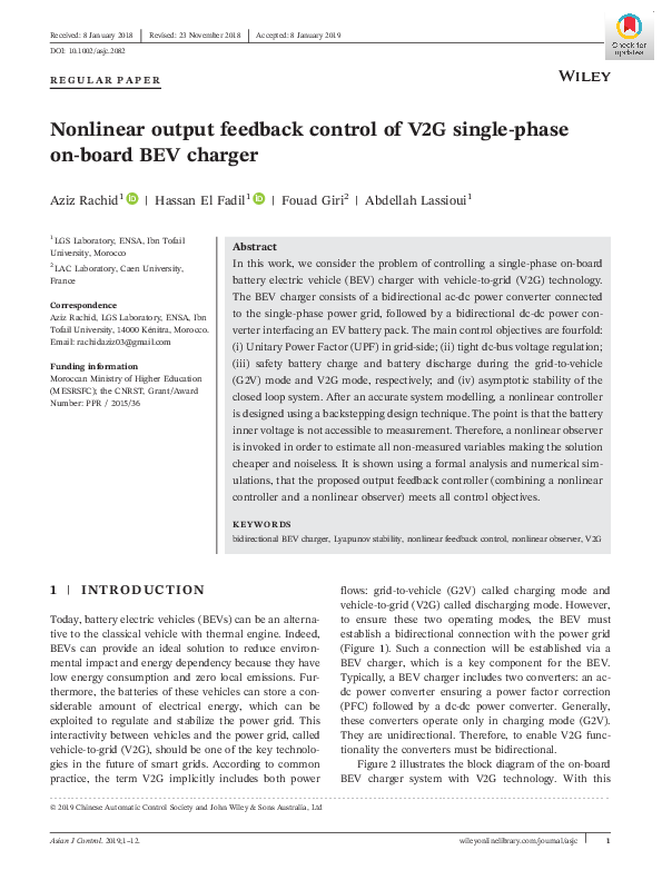 (PDF) Nonlinear output feedback control of V2G single‐phase on‐board BEV charger | Aziz RACHID ...