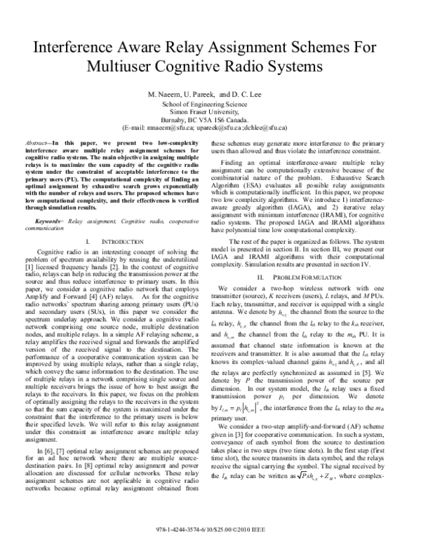 (PDF) Interference Aware Relay Assignment Schemes for Multiuser Cognitive Radio Systems