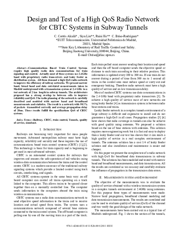 (PDF) Design and Test of a High QoS Radio Network for CBTC Systems in ...