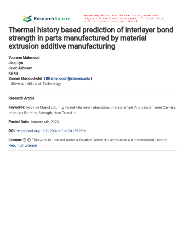 (PDF) Thermal history based prediction of interlayer bond strength in parts manufactured by ...