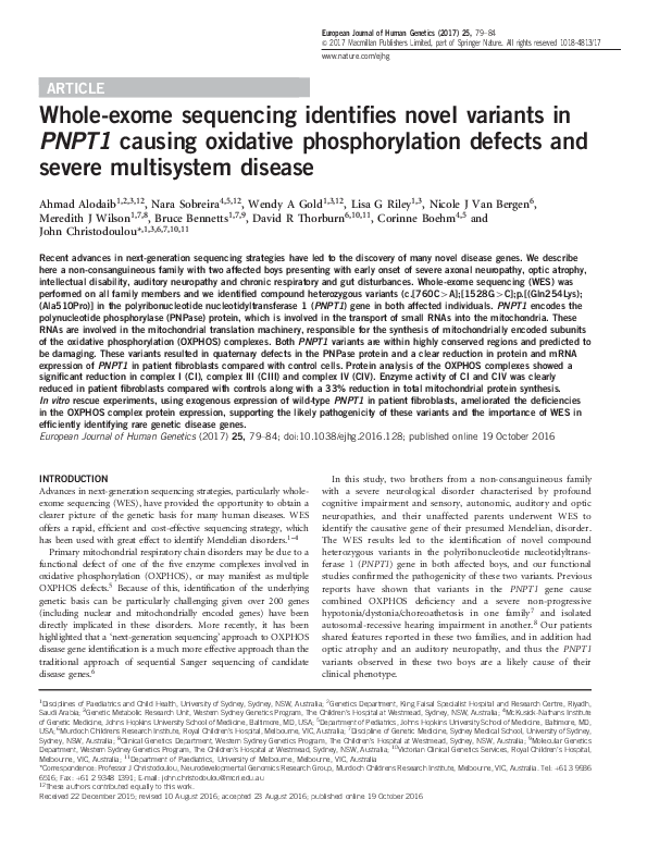 (PDF) Whole-exome sequencing identifies novel variants in PNPT1 causing oxidative ...