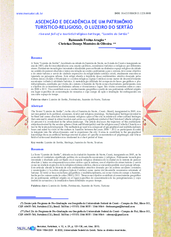 (PDF) ASCENSÃO E DECADÊNCIA DE UM PATRIMÔNIO TURÍSTICO-RELIGIOSO, O LUZEIRO DO SERTÃO (rise and ...